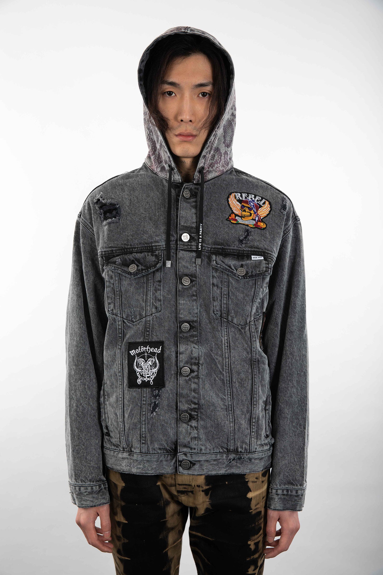 JAMAICAN PARADISE - PATCHES PRINTED HOOD GREY DENIM JACKET – Nok Nok London